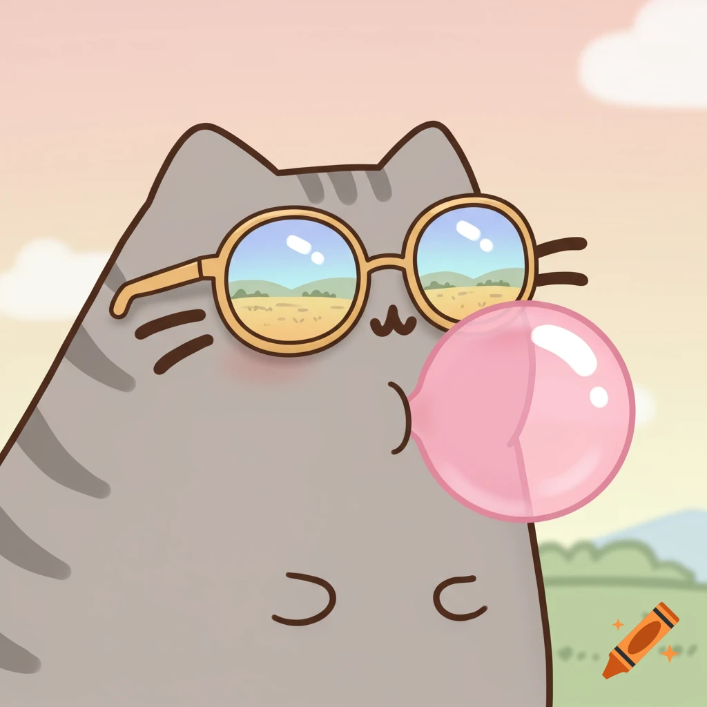 Cartoon gray tabby cat Pusheen wearing round sunglasses and blowing a large pink bubble gum ...