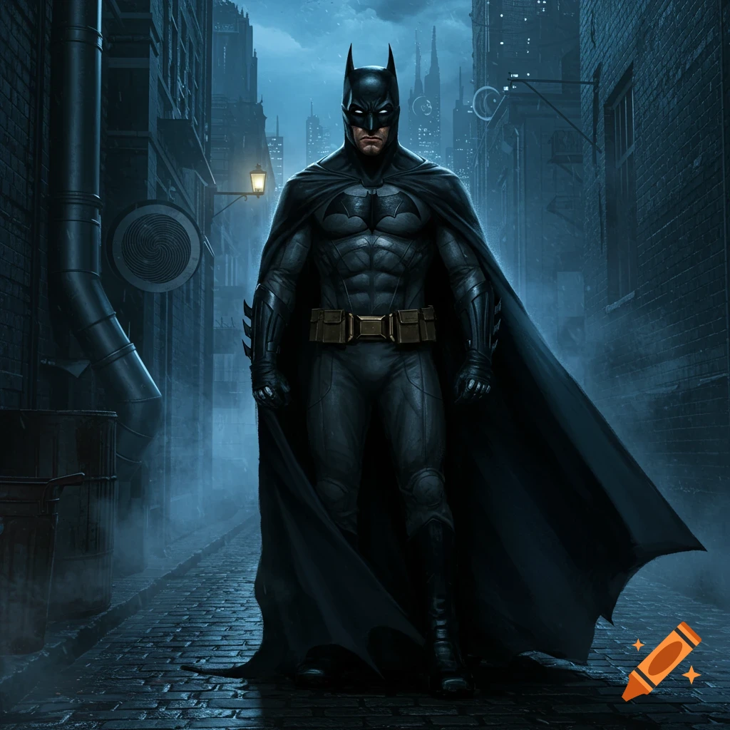 Batman stands in a dark, misty alleyway, illuminated by a street lamp ...