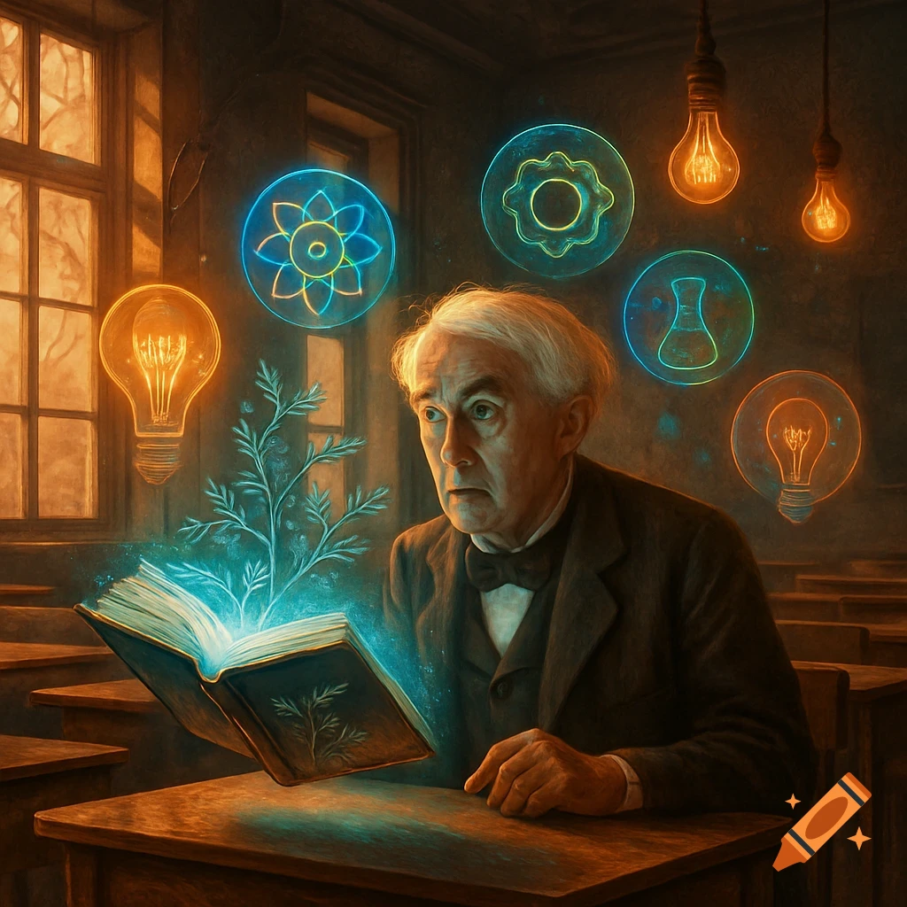 A distinguished man with a white beard sits at a wooden desk with an ...