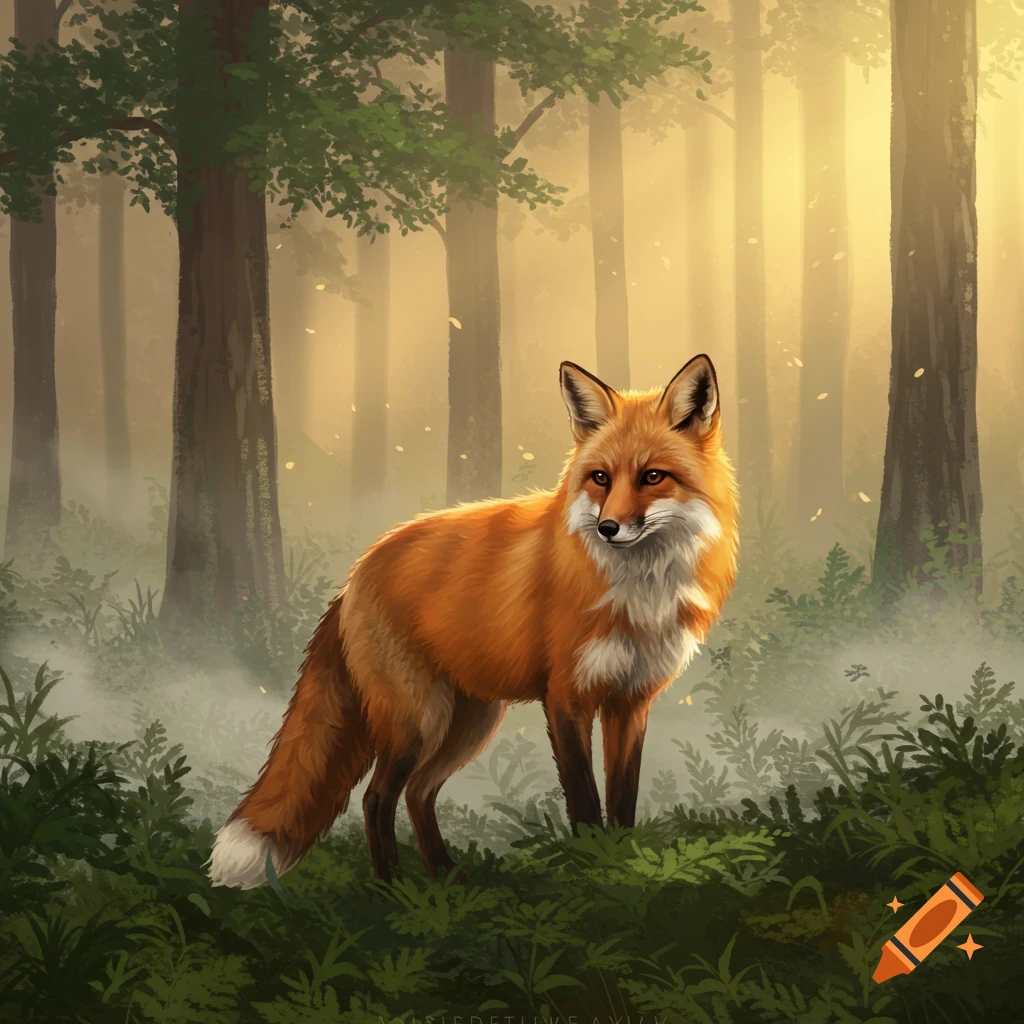 A stylized anthropomorphic fox stands in a sunlit forest, wearing red ...