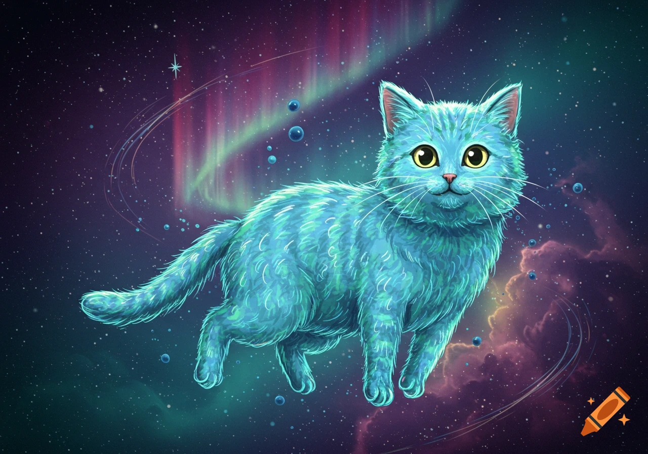 A cosmic cat with glowing blue eyes, nebula fur, a blue and purple ...