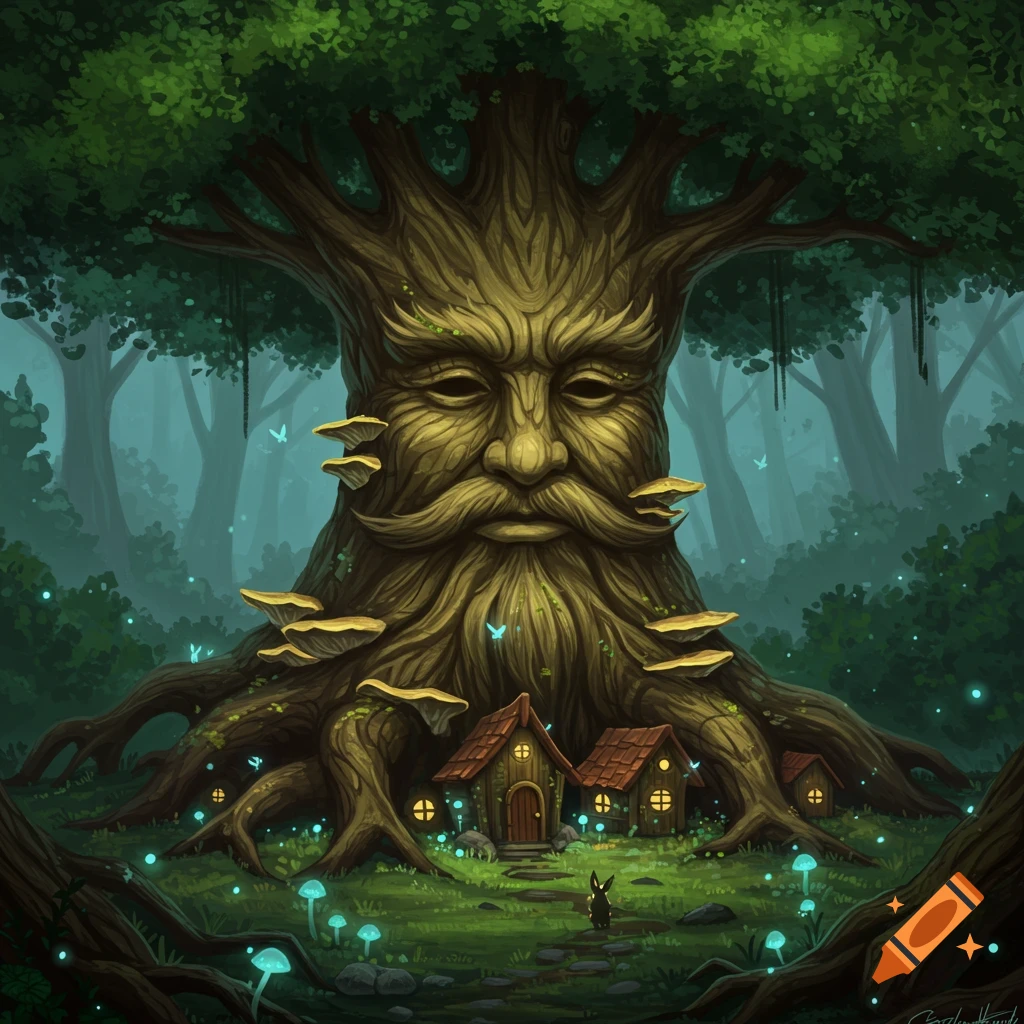 A massive, ancient tree with a wise, carved face in its bark ...