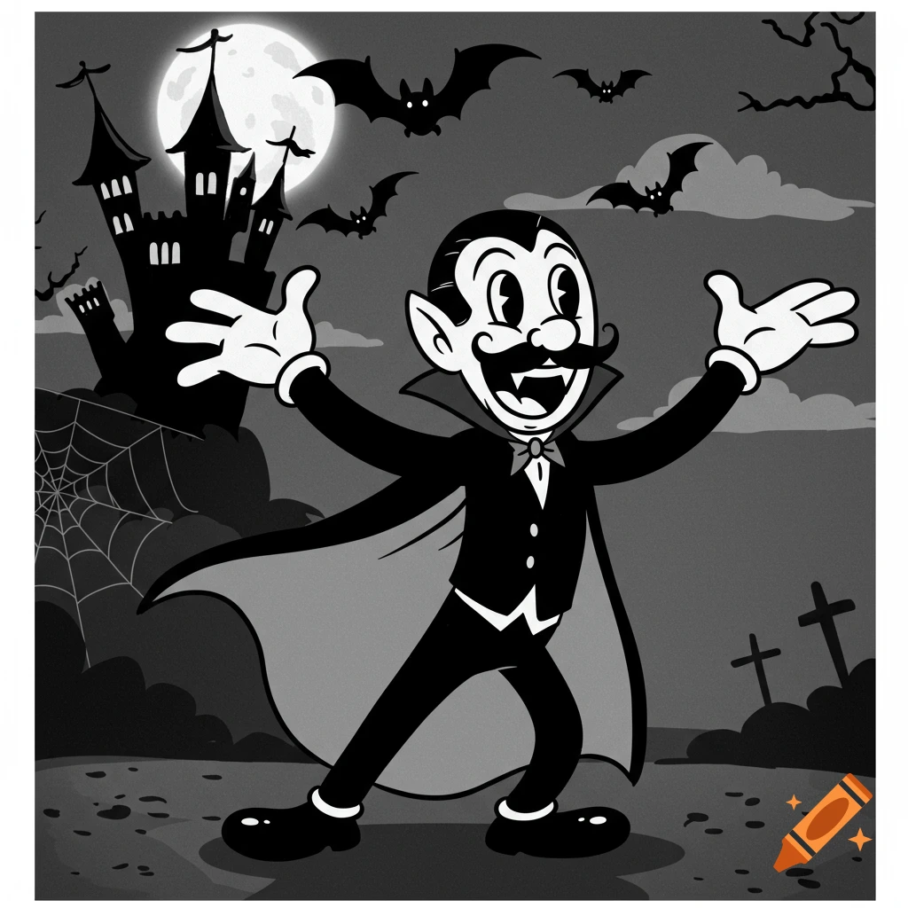 Black and white 1920s rubber hose cartoon of Dracula with arms open in ...