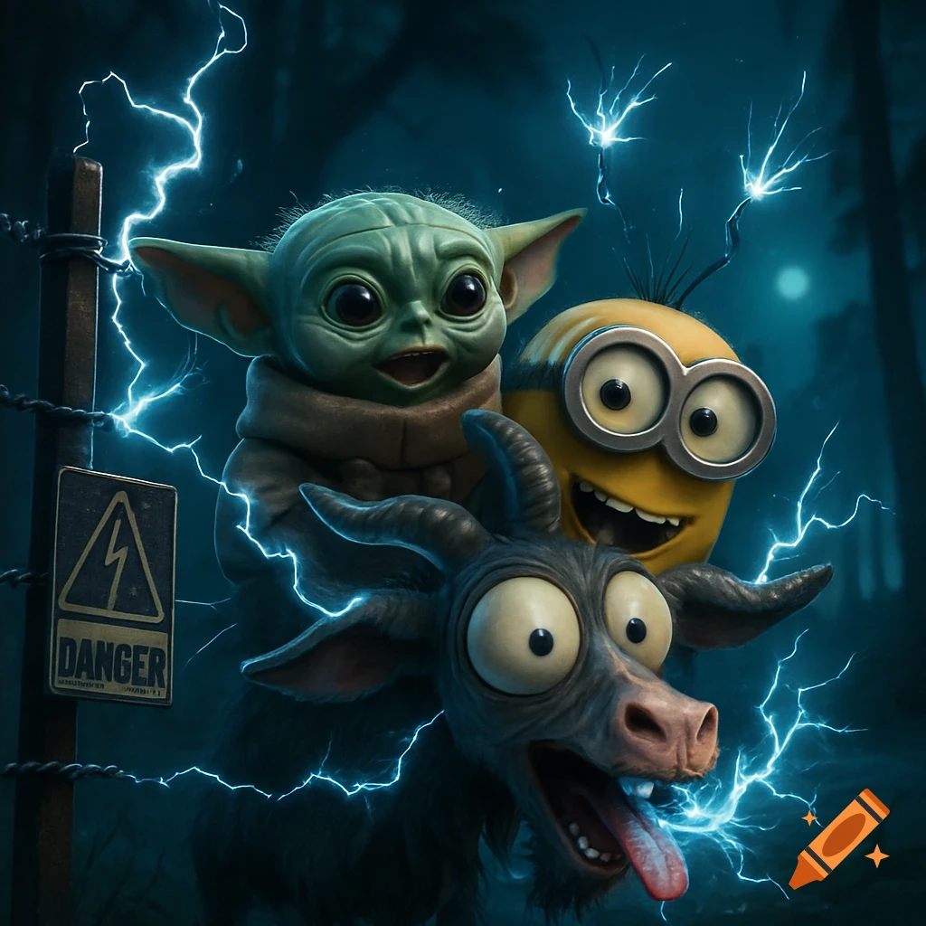 Baby Yoda, a Minion, and a wide-eyed goat are comically zapped by blue ...