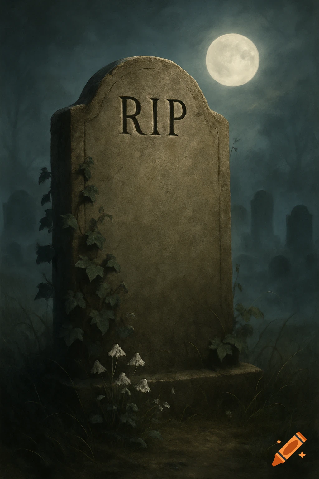 A misty graveyard at night with a prominent tombstone in the foreground ...