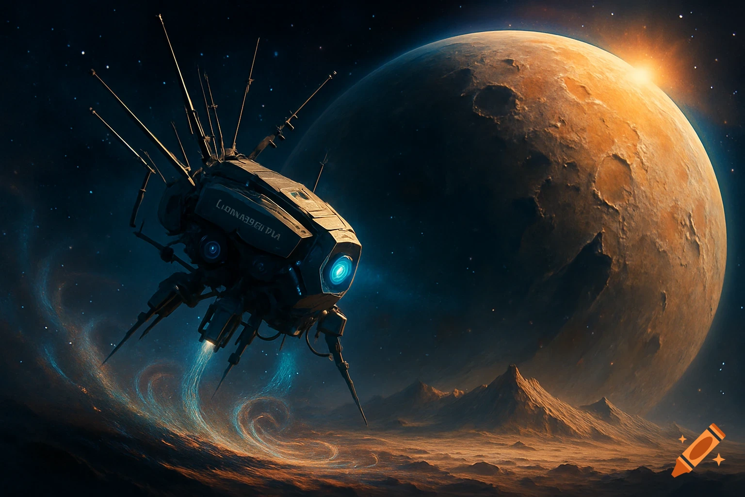 A giant mechanical scorpion with glowing blue energy and large claws in ...