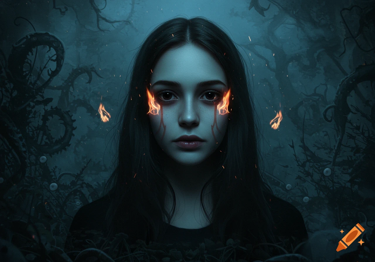 Digital painting of a woman's face split, one side a beautiful angel ...