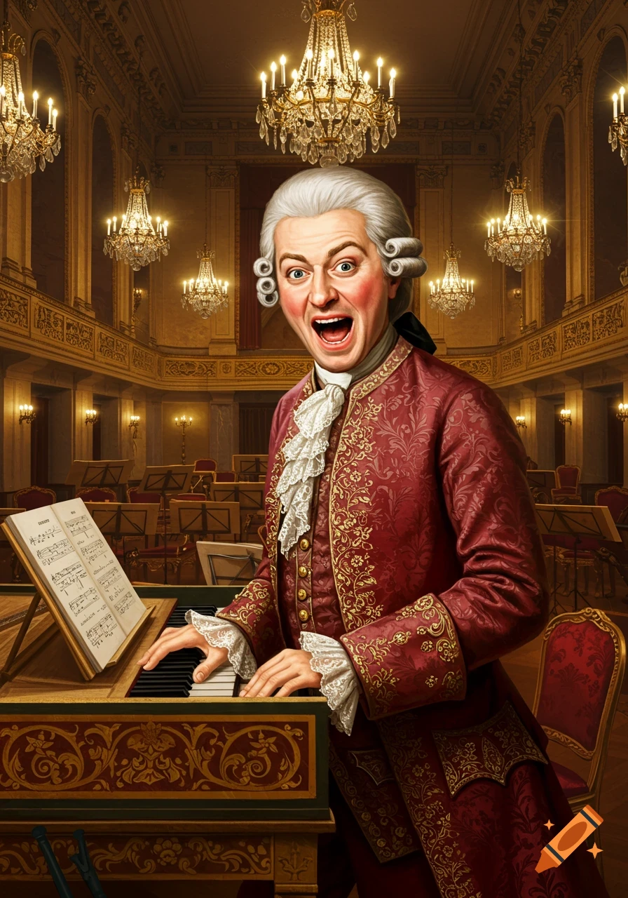Portrait of Mozart in a red coat and wig, wearing aviator sunglasses ...