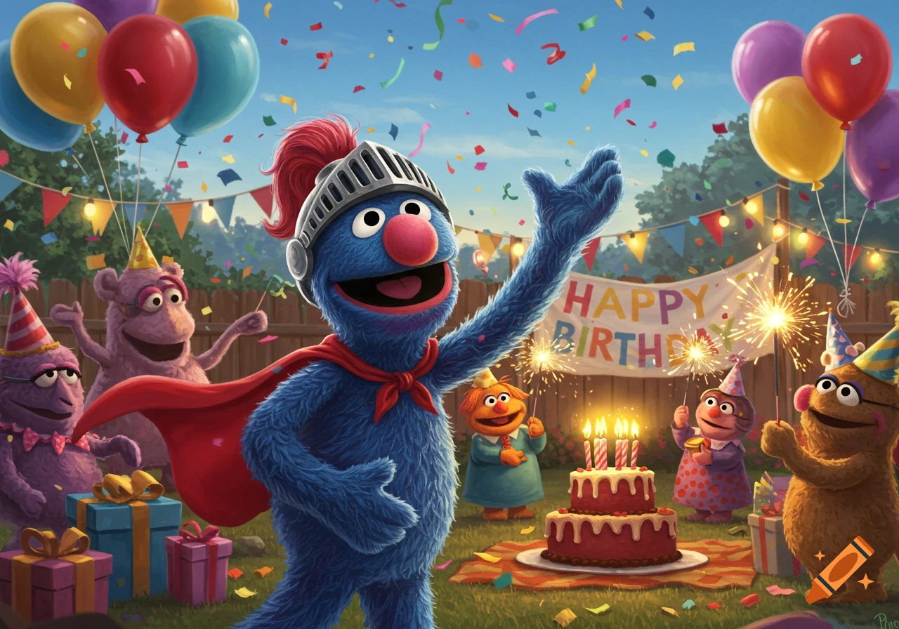 Elmo floats joyfully above a sunny city street, holding three pink ...