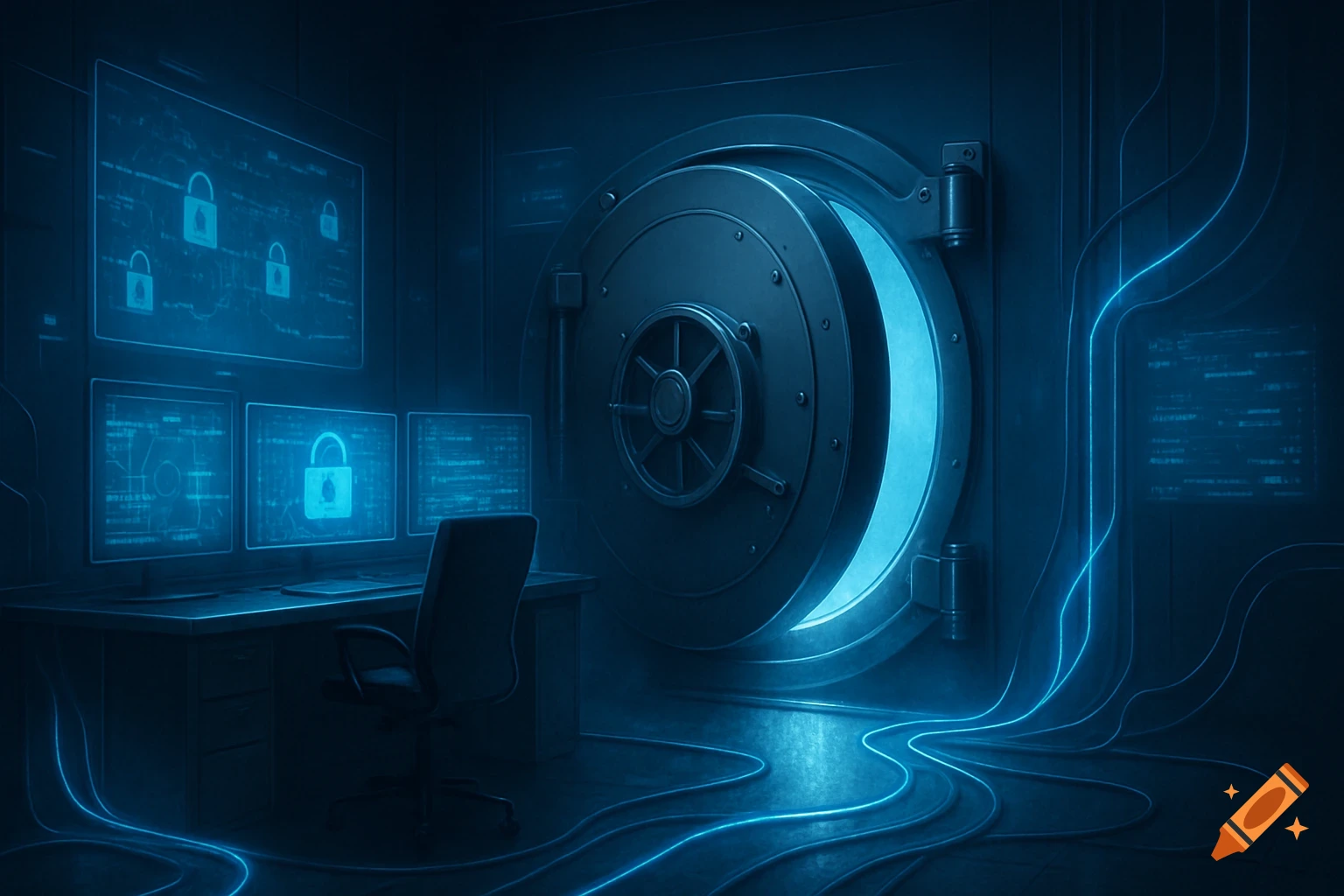 A hooded hacker in glasses types at a multi-monitor computer setup ...