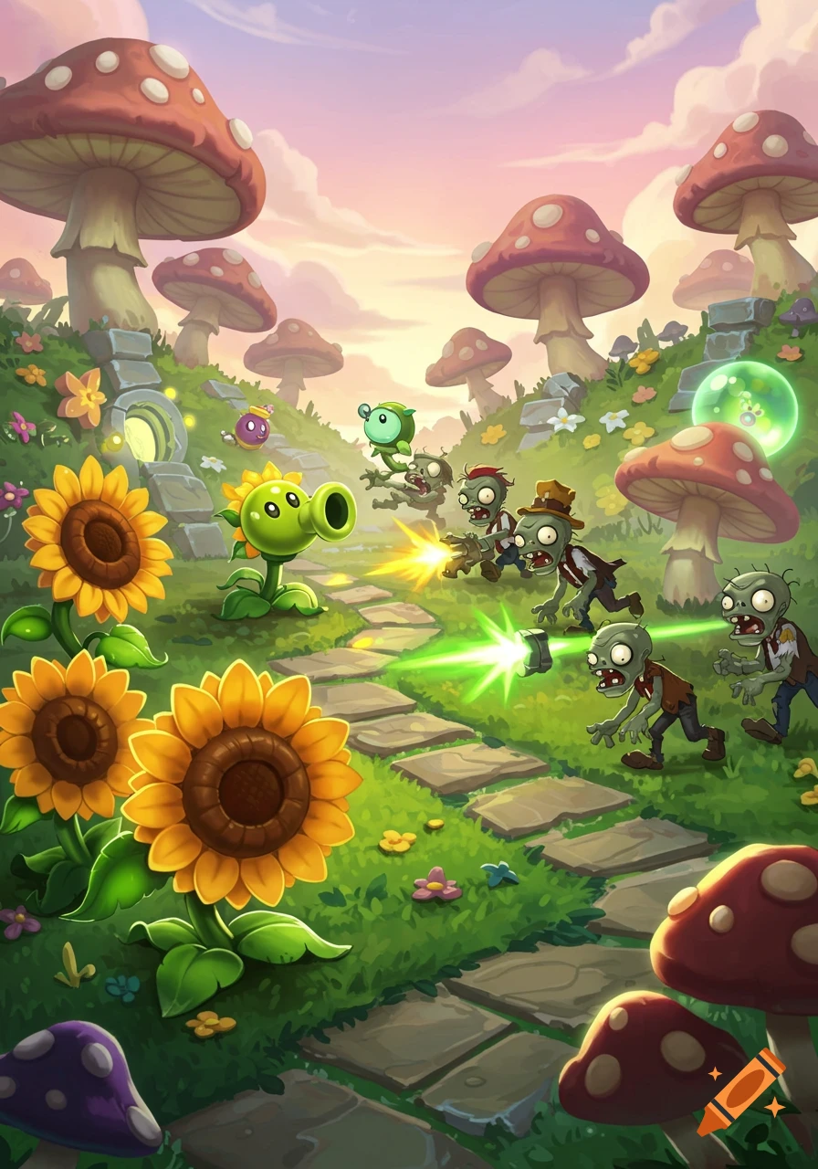 A cartoon battlefield scene from Plants vs. Zombies 2, with a sunflower ...
