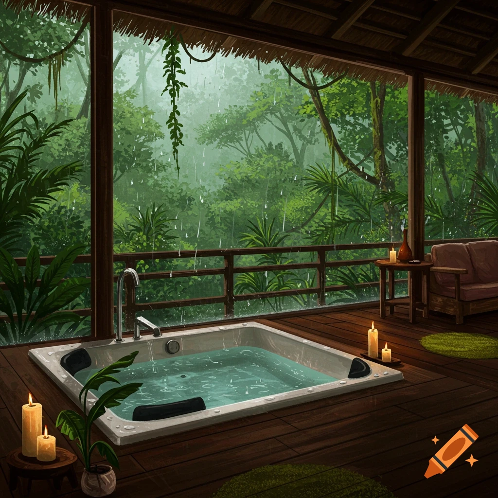 A cozy rainforest lodge balcony with a private whirlpool. Rain falls ...