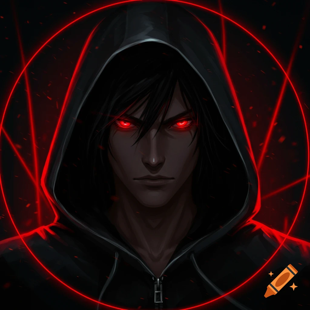 Anime male character with glowing red eyes in a black jacket, against a ...