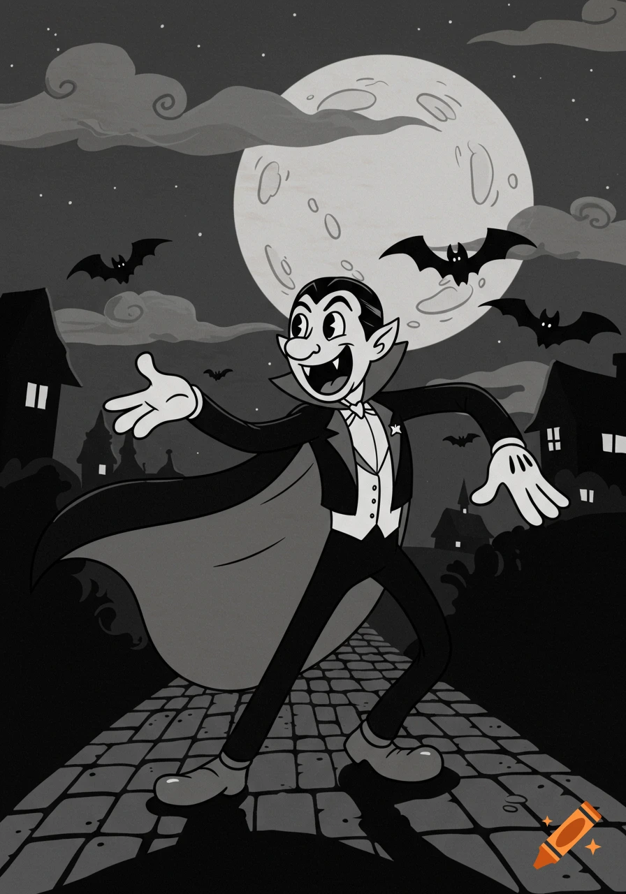 Black and white 1920s rubber hose cartoon of Dracula with arms open in ...
