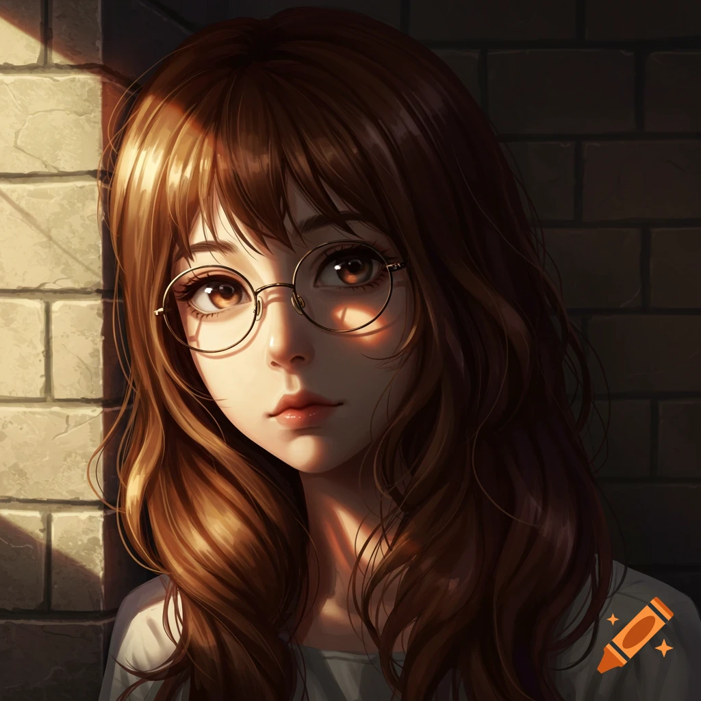 Anime portrait of a young woman with long dark hair, pale skin, round ...