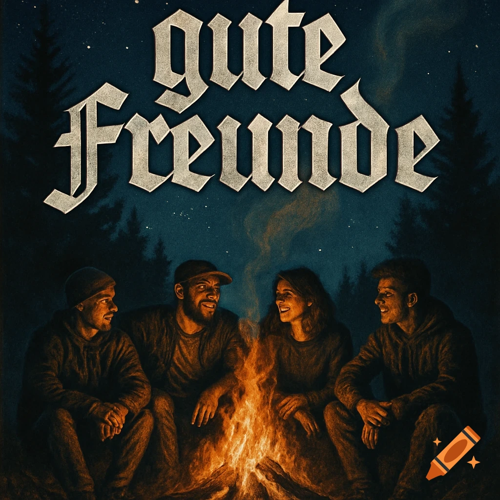 Four friends sit by a warm campfire at night under a starry sky, with ...
