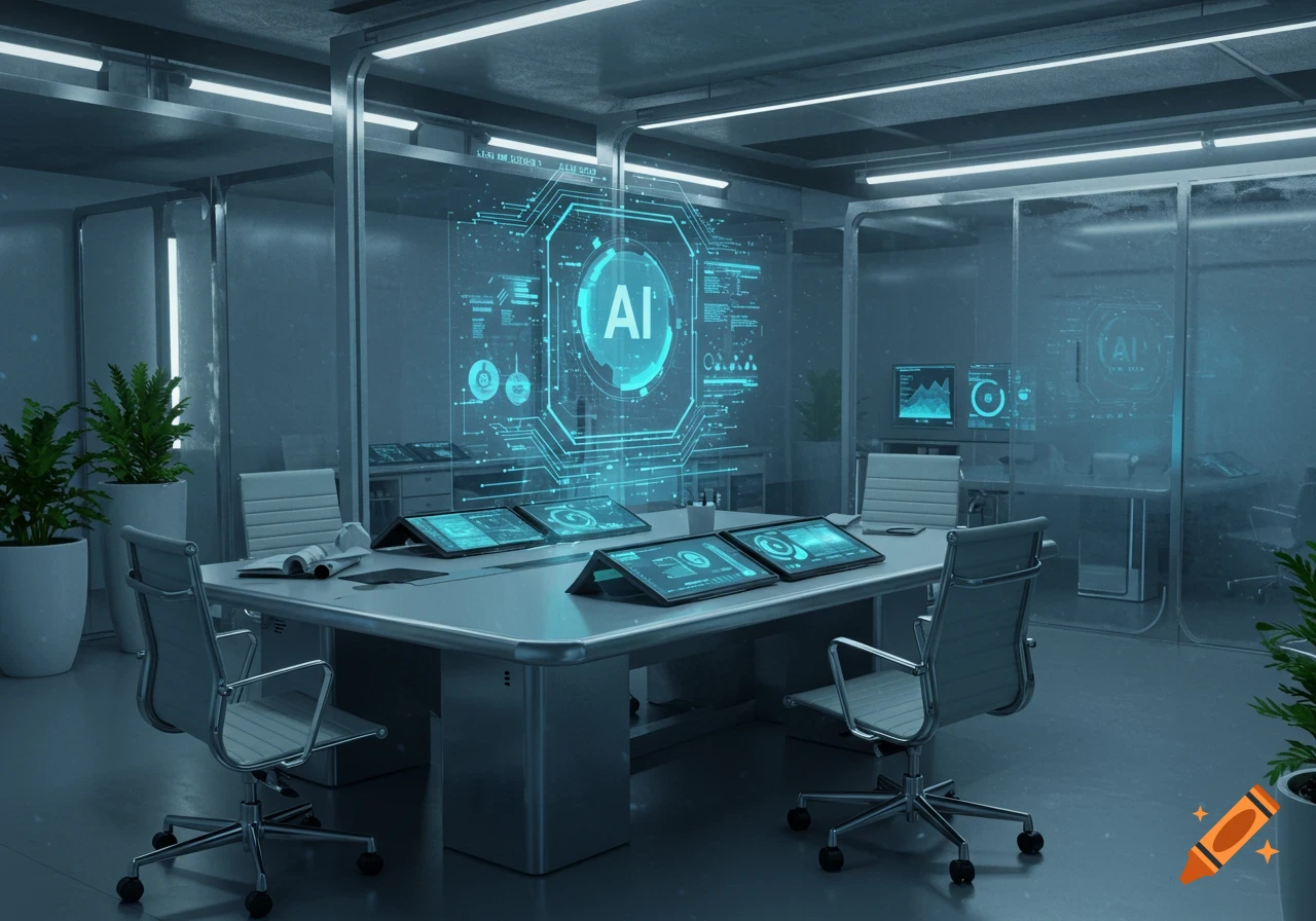 A modern, blue-toned office space with desks, computer monitors ...