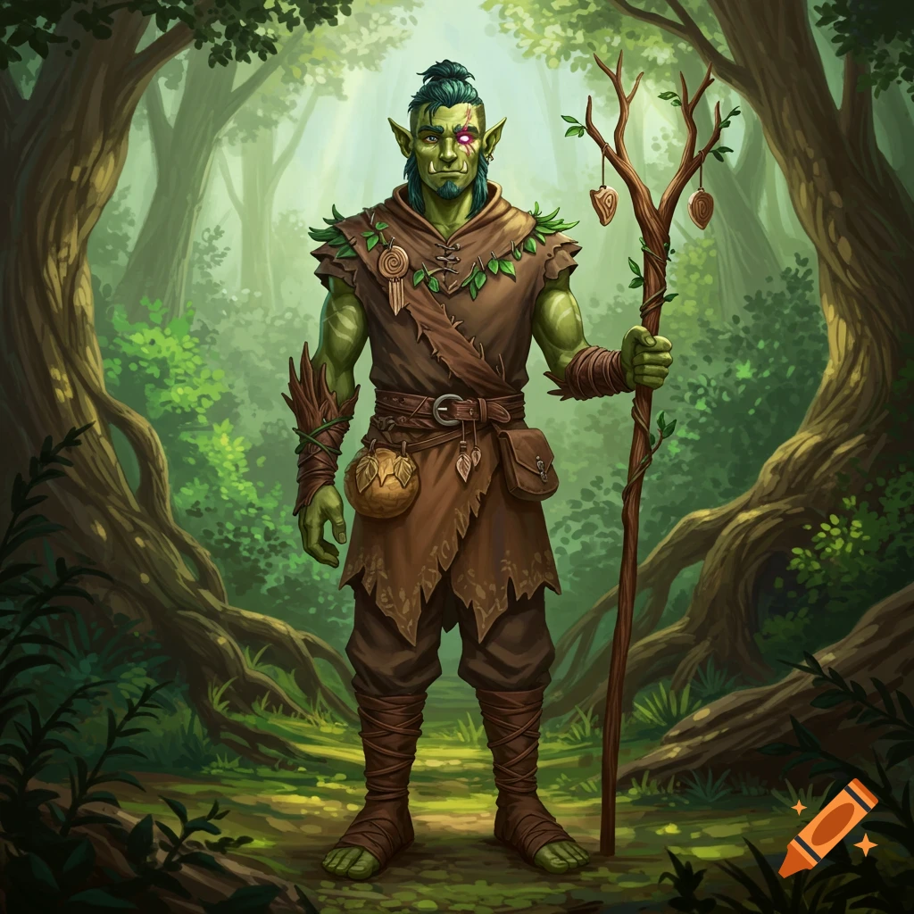 A smiling fantasy halfling in leather and metal armor stands in a lush ...