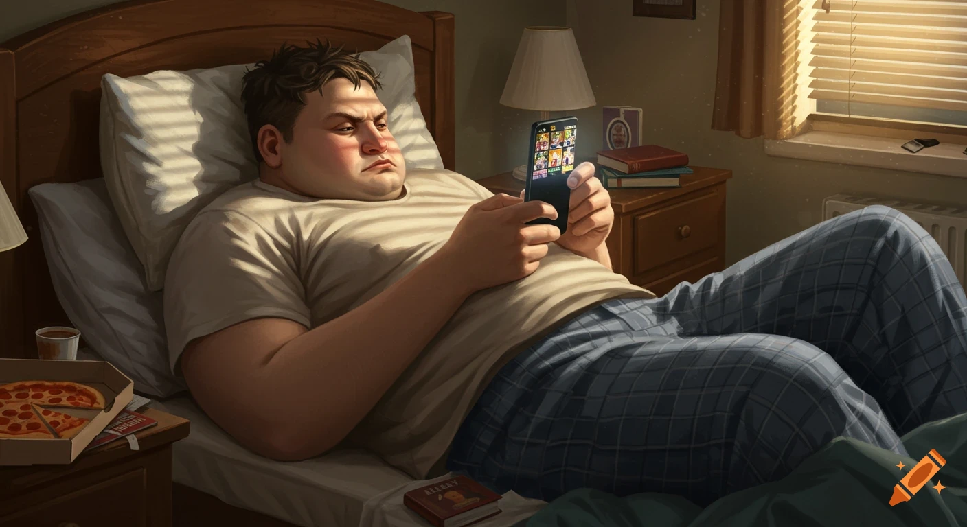 A blue-haired cartoon girl lies sadly on her bed in a dark room, lit by ...