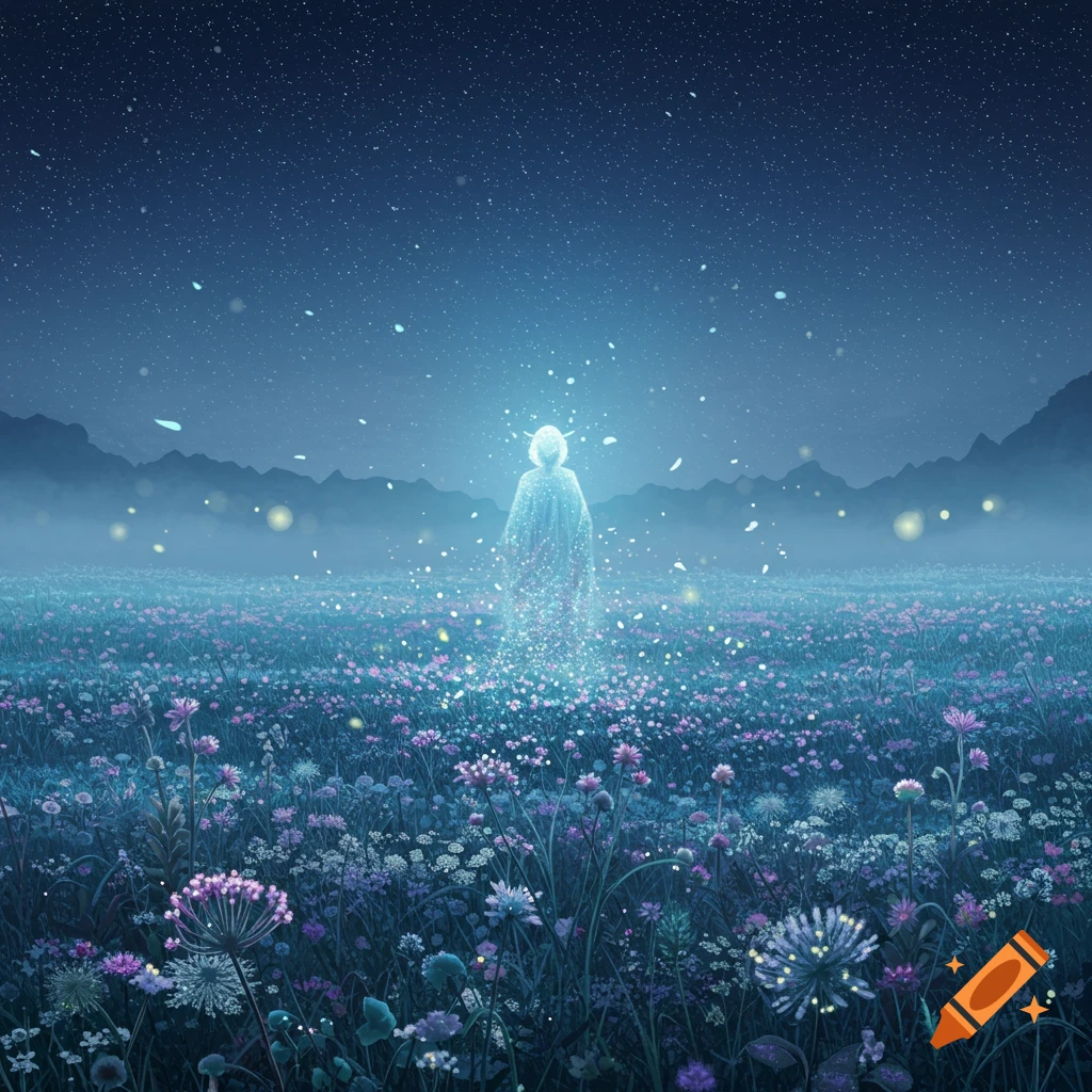 A glowing, ethereal female figure floats in a misty forest with pink ...