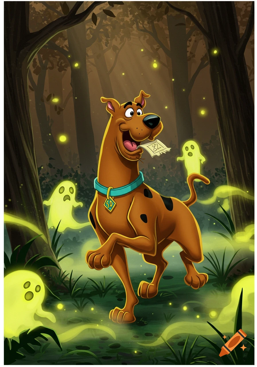 Scooby Doo, rendered in a 3D animated style, smiles widely behind a ...