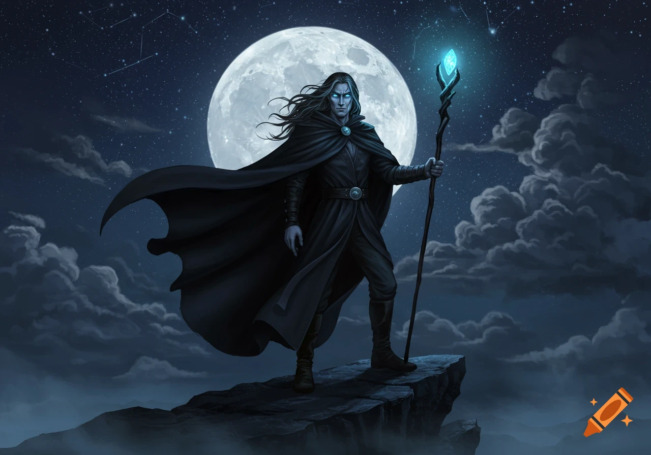 A gothic witch woman in a black dress sits on a crescent moon in a ...