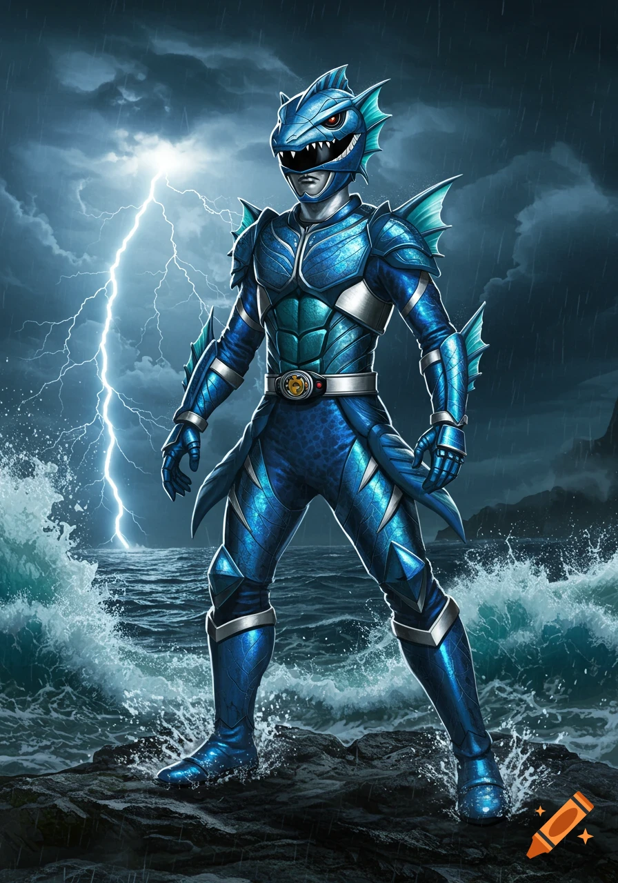 A pink Power Ranger-like superhero stands on a city rooftop at sunset ...