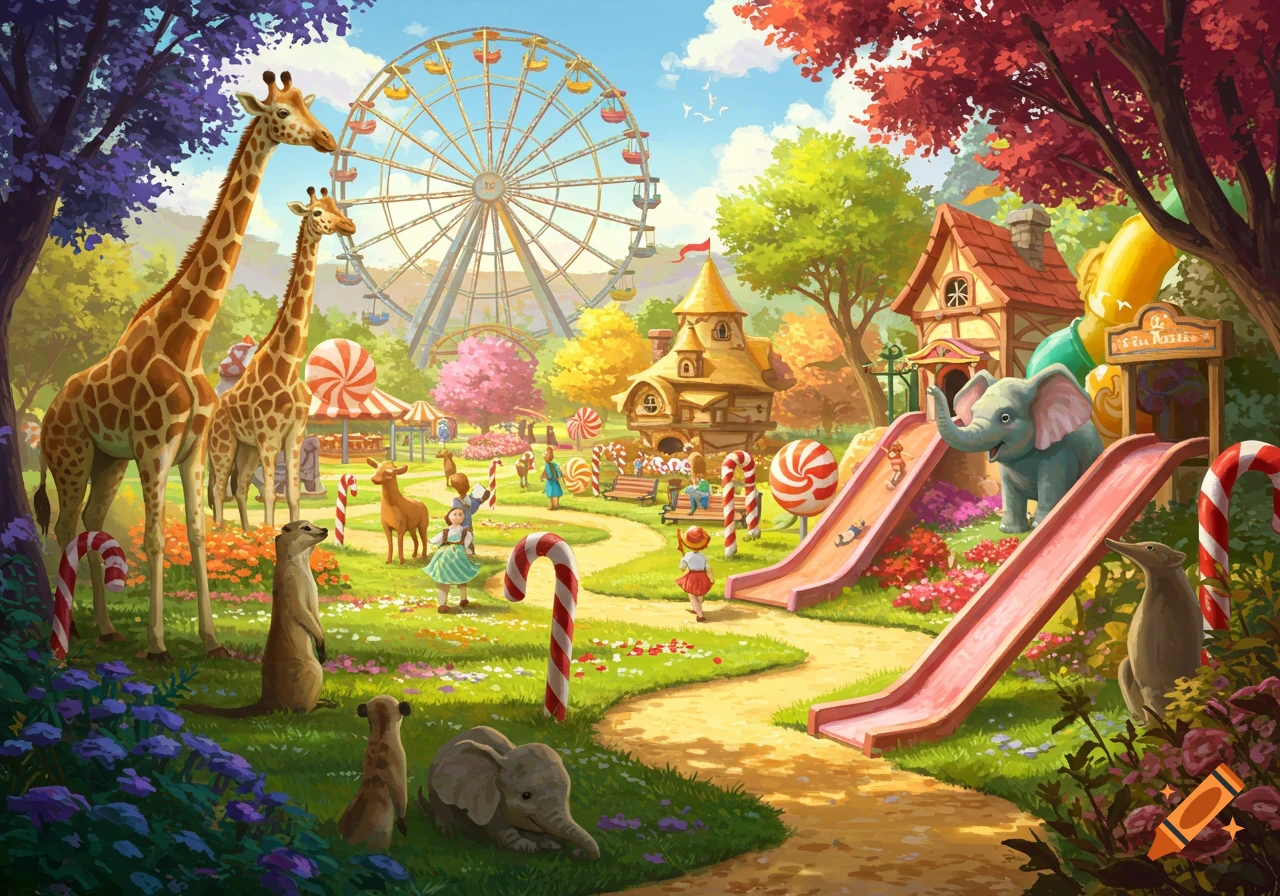 A whimsical, colorful theme park with a ferris wheel, slides ...