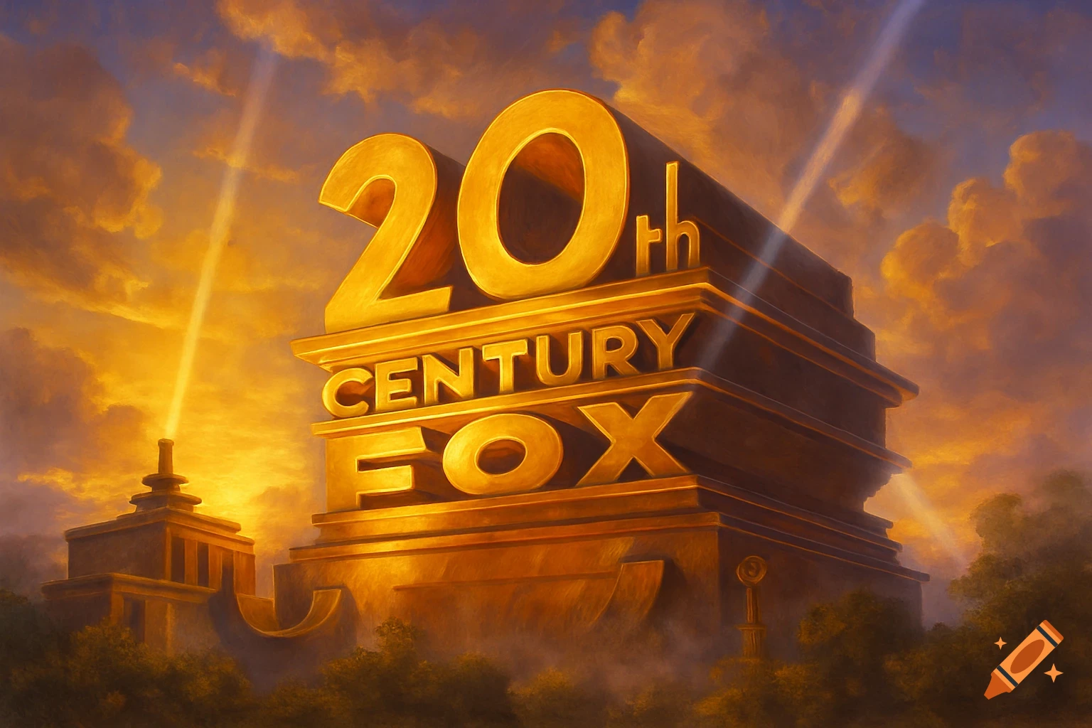 A golden 20th Century Fox logo with spotlights against a dramatic ...