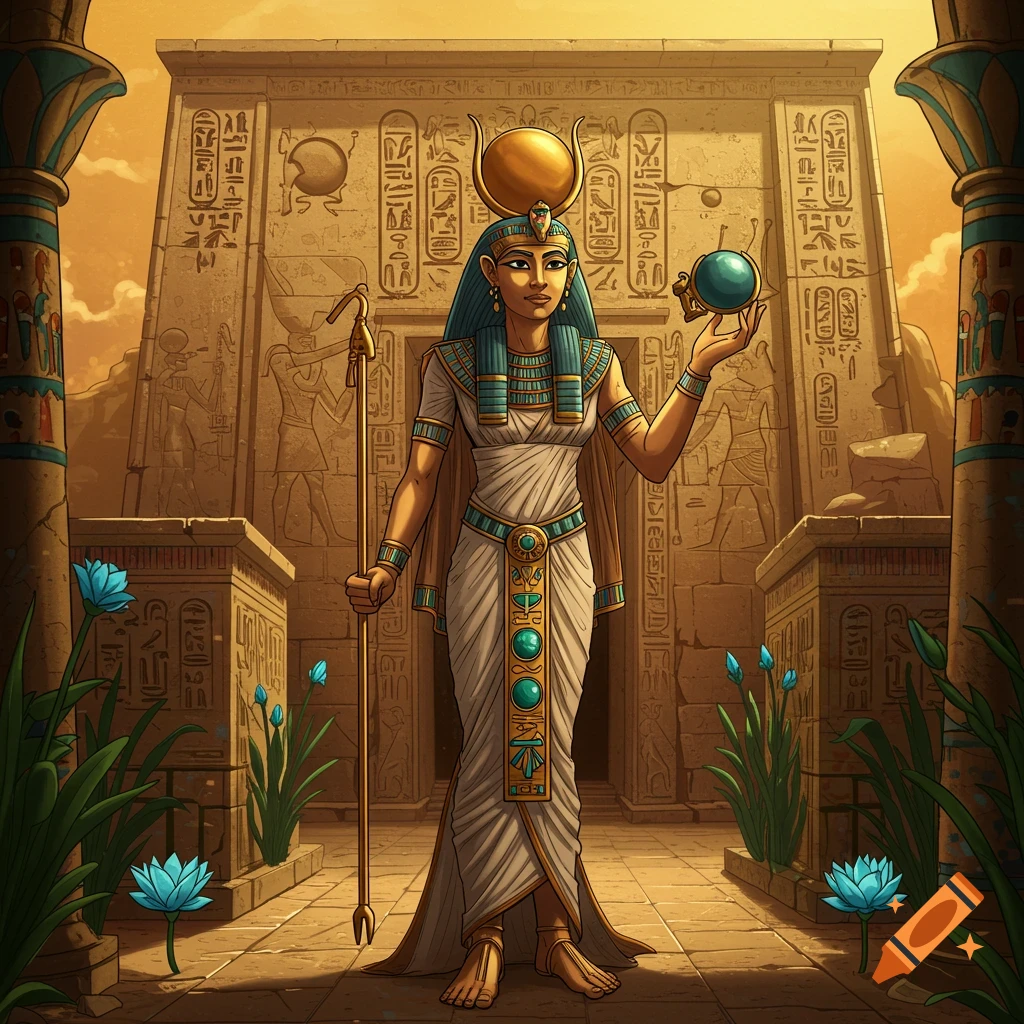 Egyptian god Ra with wings and bird head stands in a desert before ...