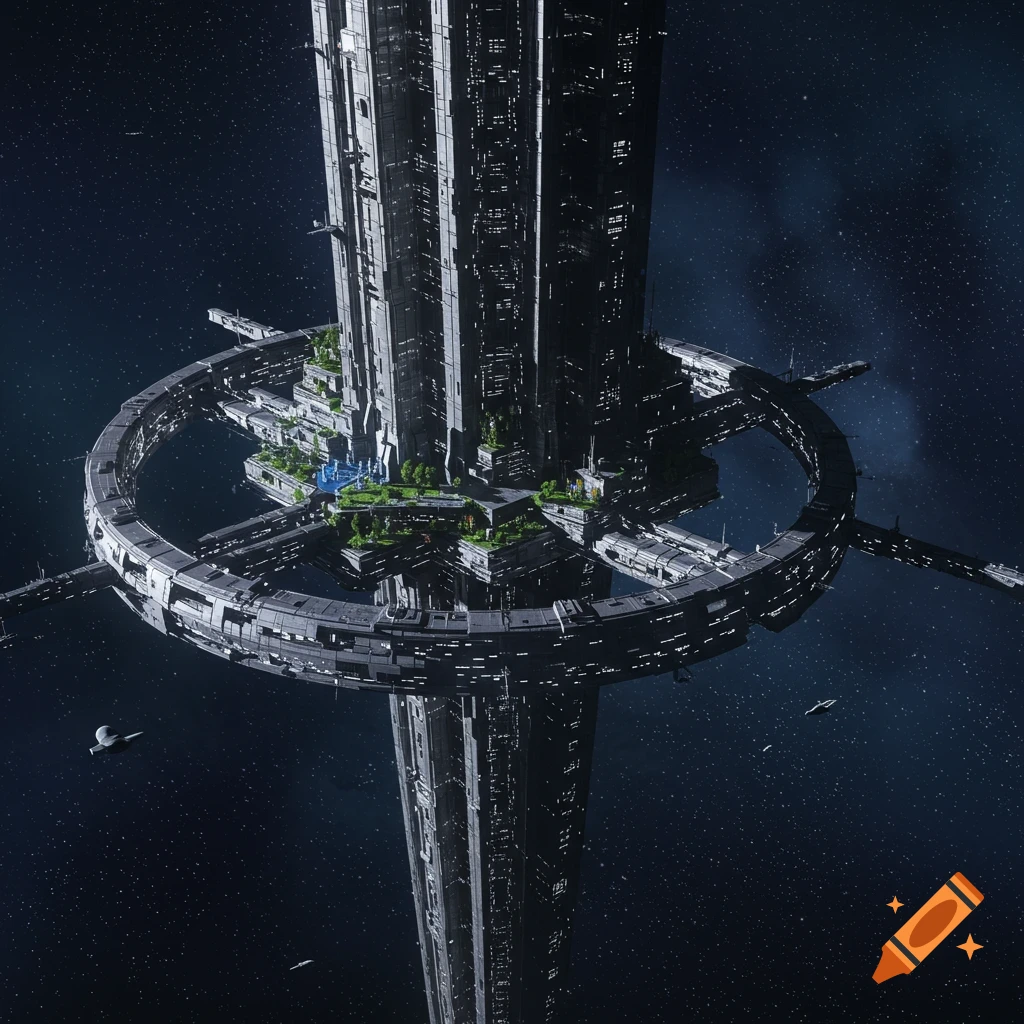 A towering, futuristic needle-shaped space station with a circular mid ...