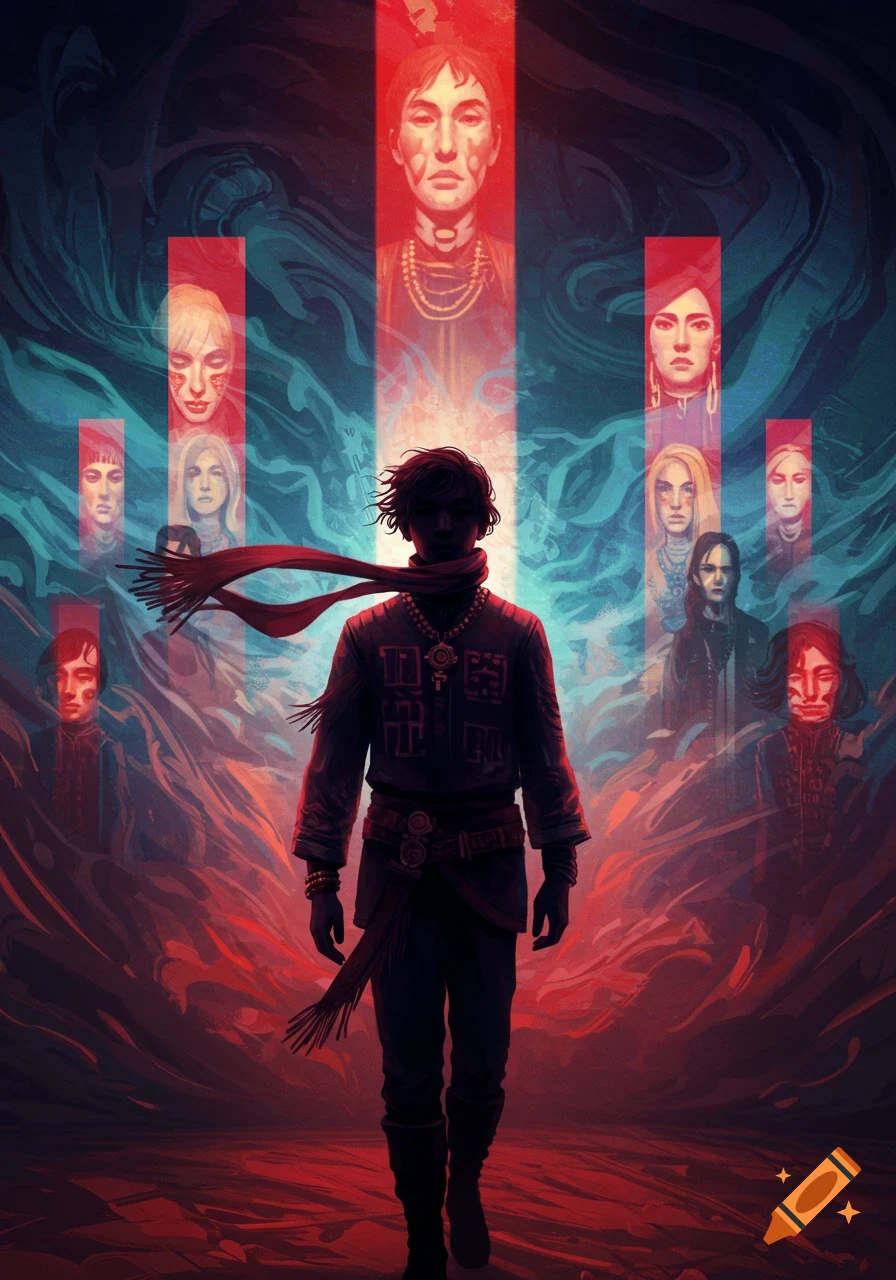 Stylized fragmented human head in red, white, and black geometric art ...