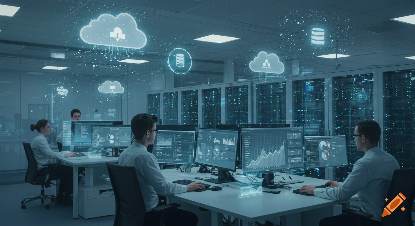 Photorealistic image of IT specialists working in a modern data center with glowing holographic ...