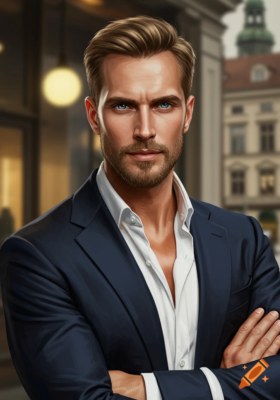 A handsome man in a dark suit with an open white shirt, standing in ...