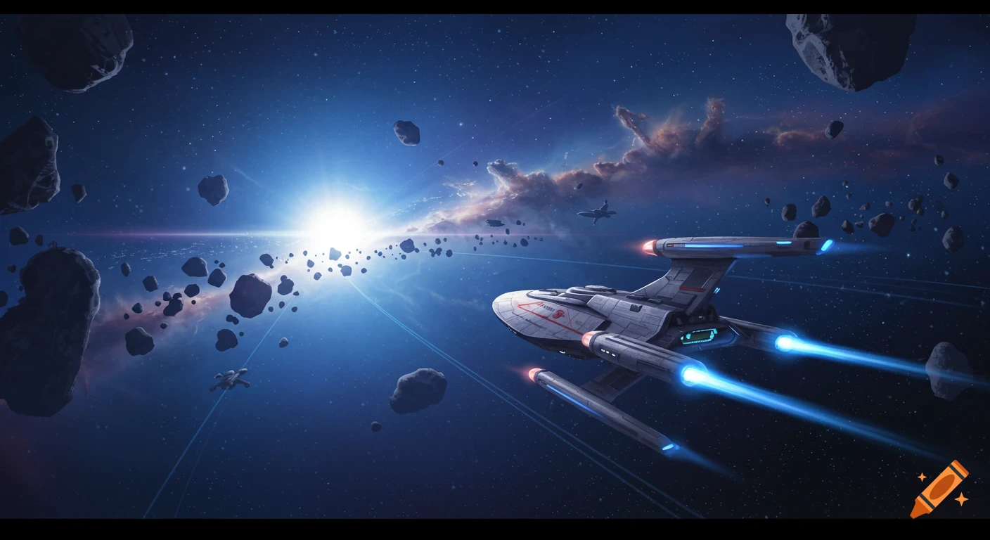 A Starship Enterprise-like spaceship ascends from a misty, rocky, ice ...