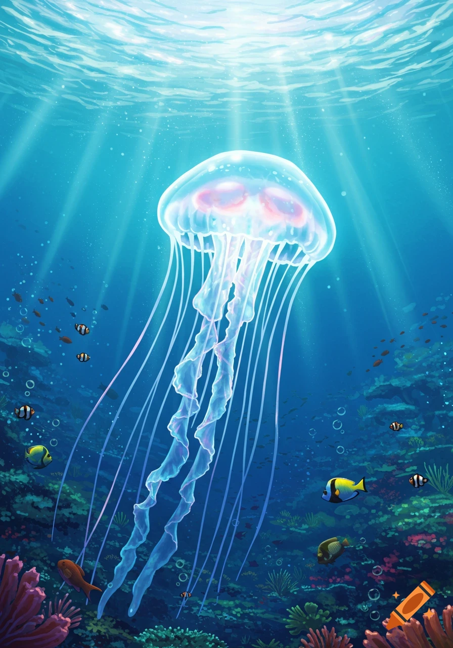 A cartoon stingray swims through clear blue water past ancient, moss ...