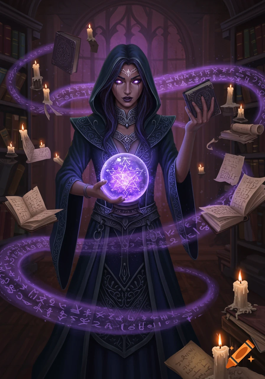 A witch with dark hair in a black robe casts blue magic in a moonlit ...