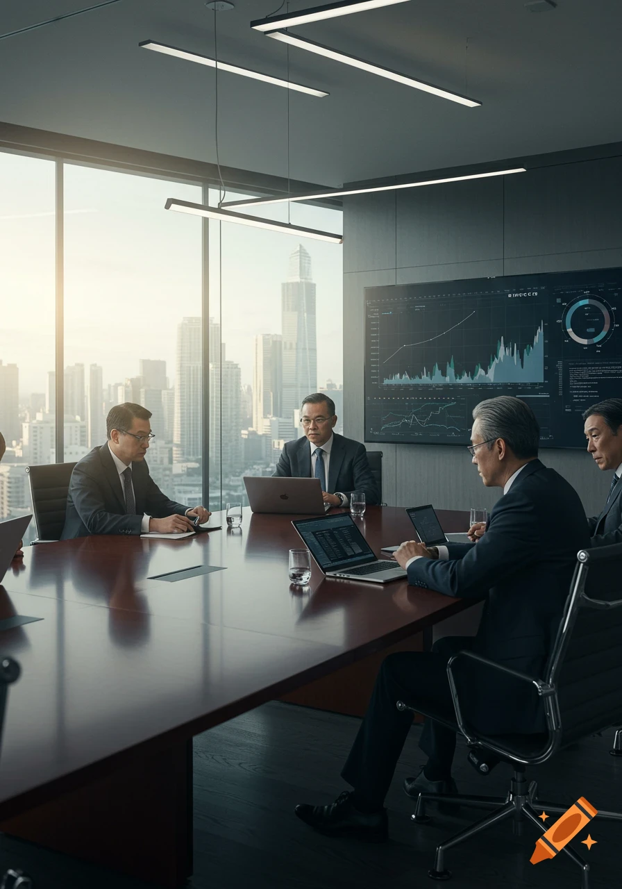 Vertical view of a large, empty modern office bullpen with rows of ...