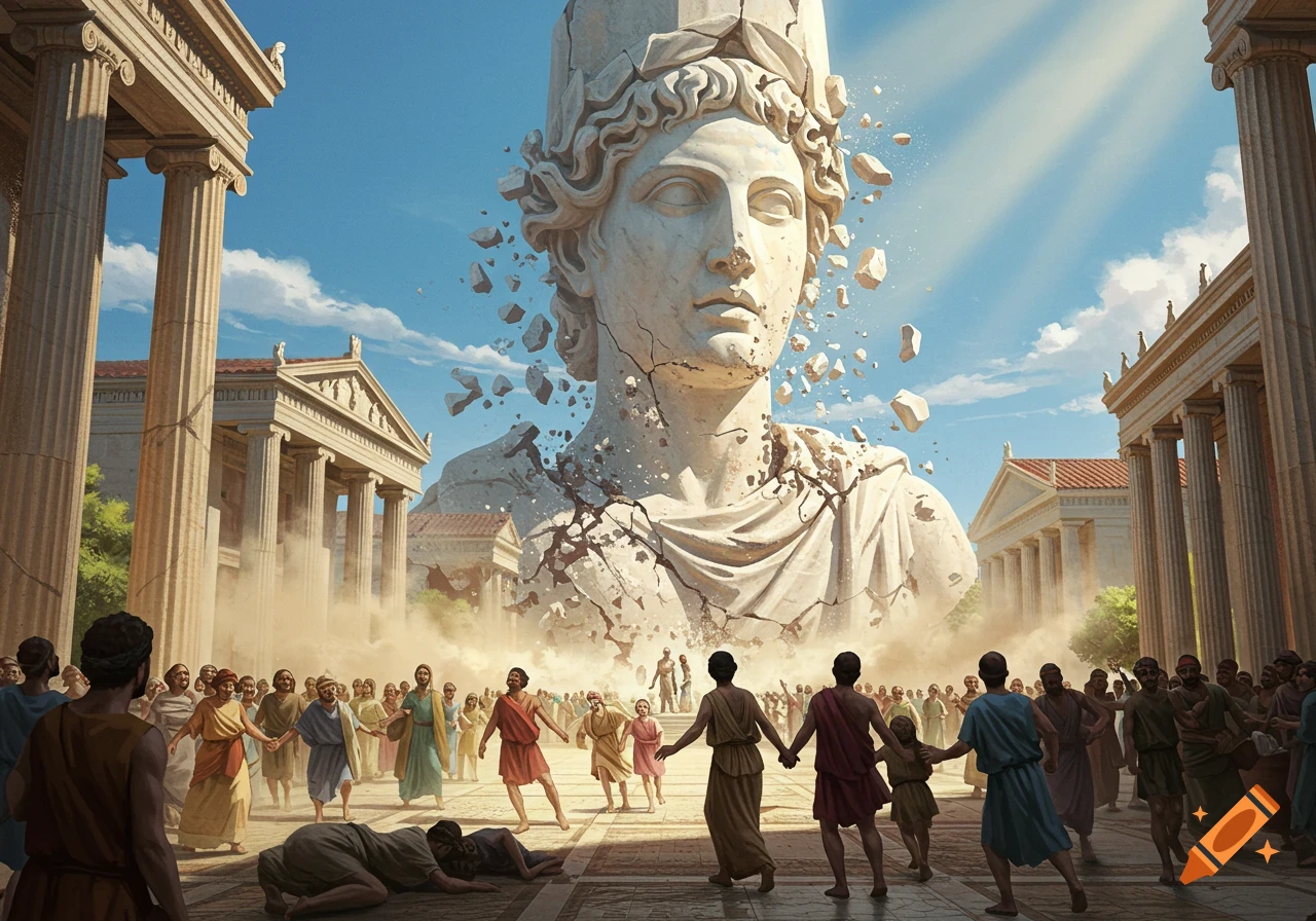 A marble statue of an obese Michelangelo's David stands in a museum ...