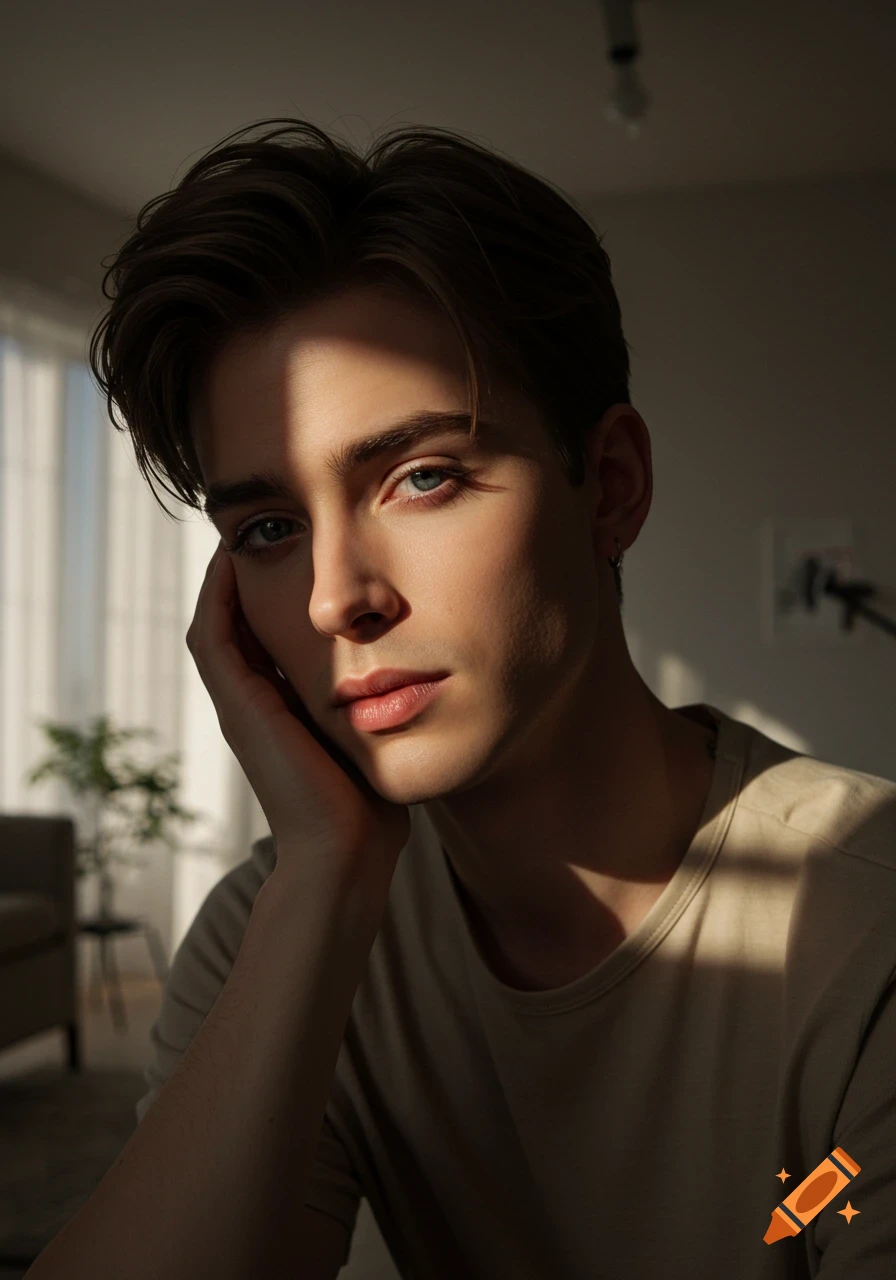 Close-up portrait of a man with blue eyes and a buzz cut hairstyle ...