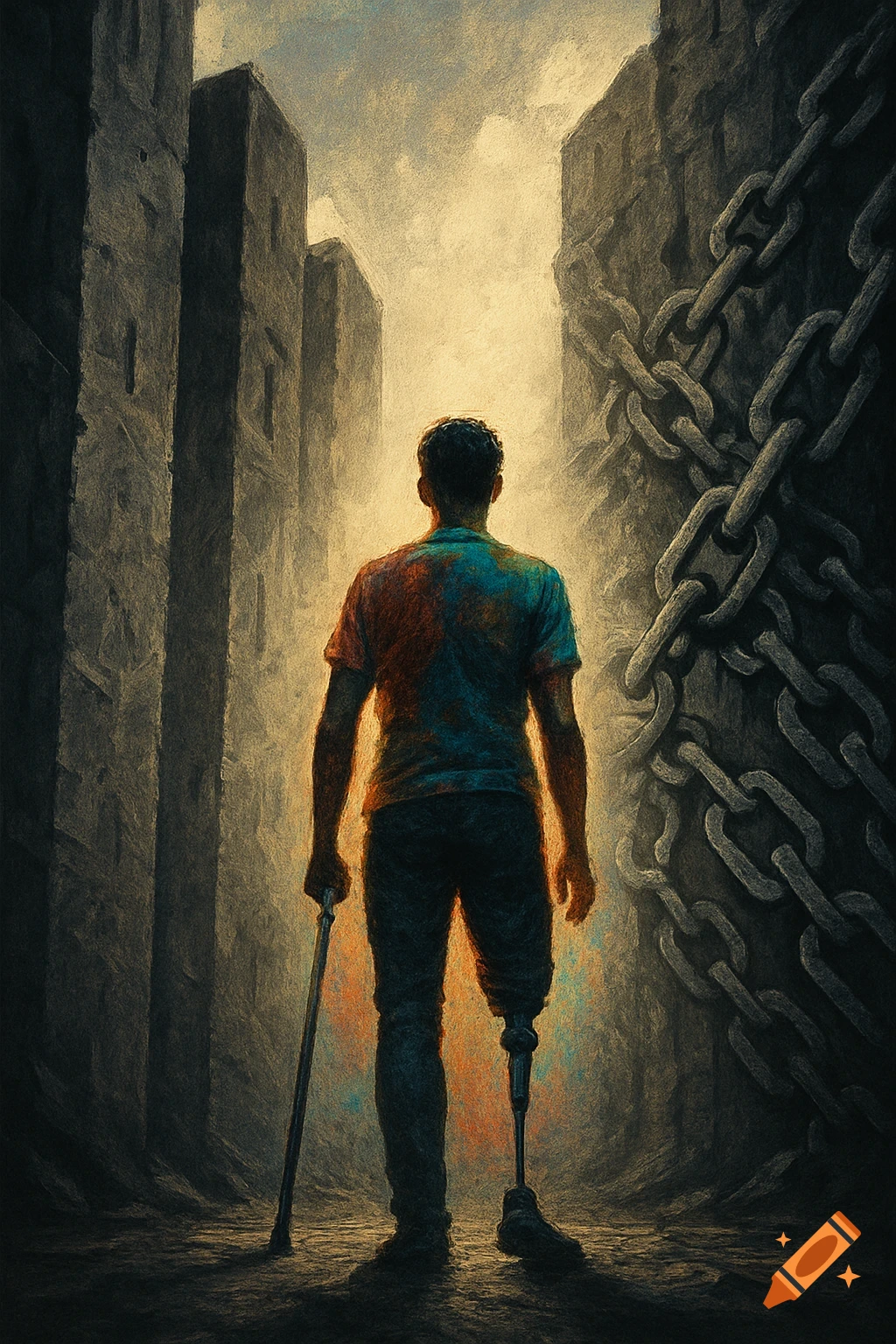 Digital painting of two runners, one on a crumbling, fiery path with '0 ...