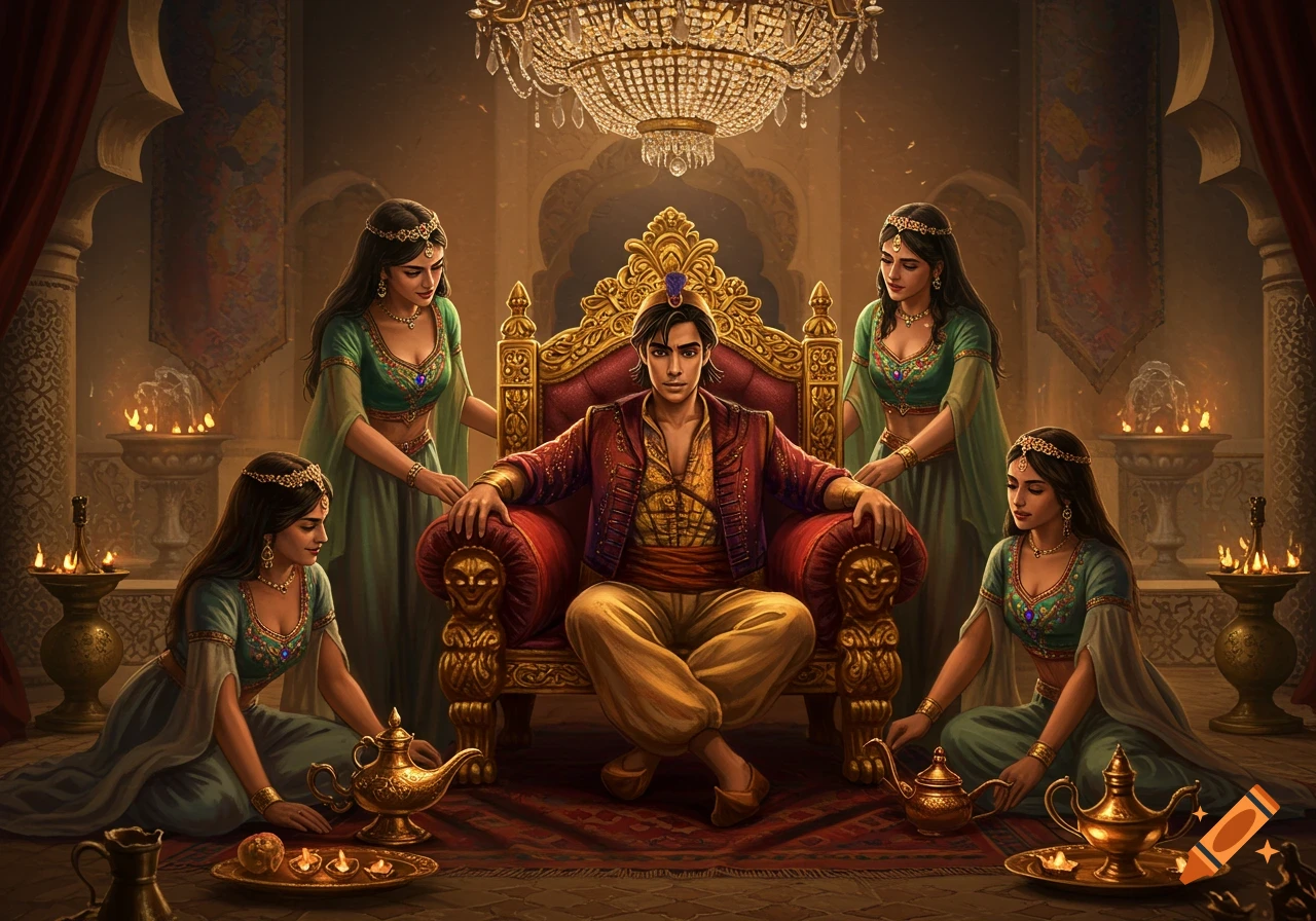 Regal man in a red turban and opulent jewelry holding up a large ...