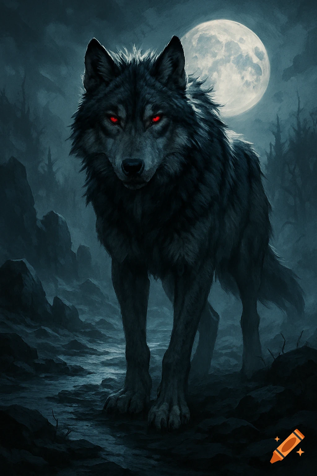 A stylized black wolf with glowing red and blue markings stands under a ...