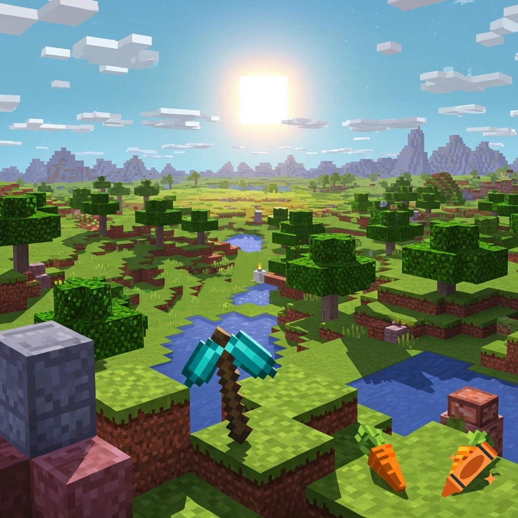 A vibrant, blocky Minecraft-style landscape with trees, rivers ...
