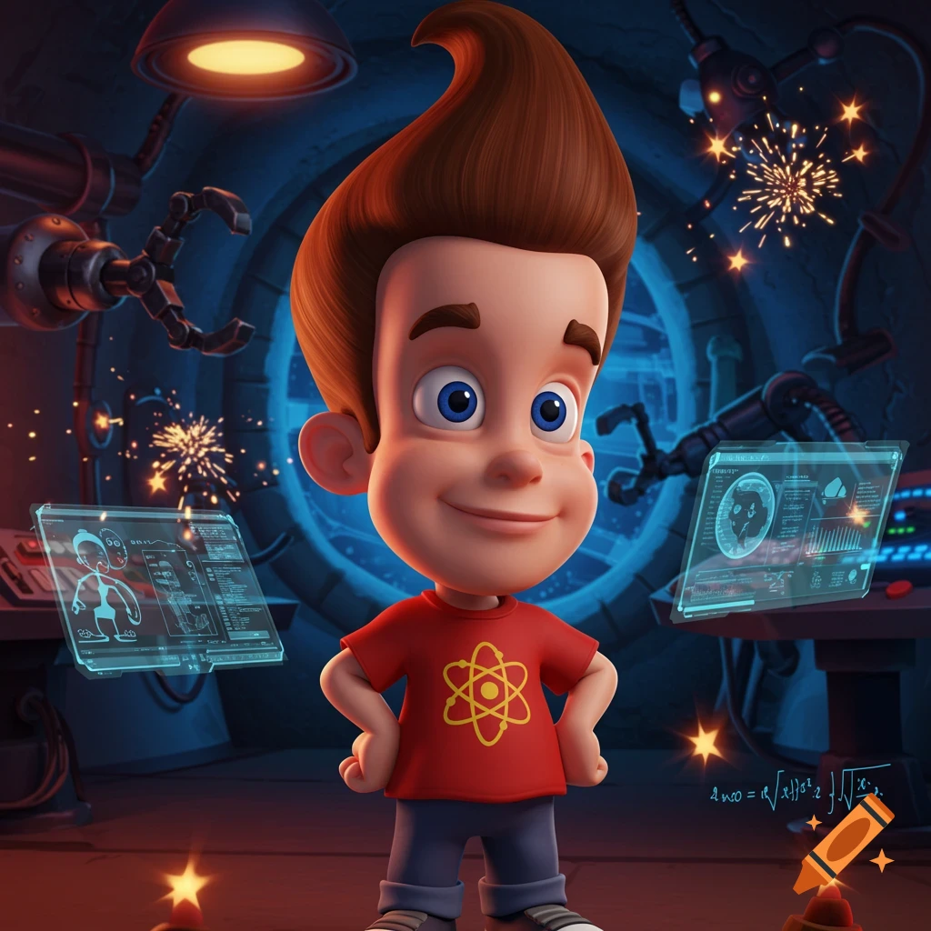 A stylized cartoon boy, resembling Jimmy Neutron, smiles while ...