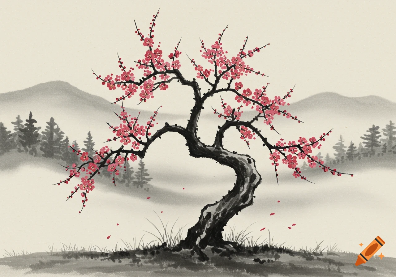 Monochrome Chinese ink painting of a tiger climbing a rocky mountain ...