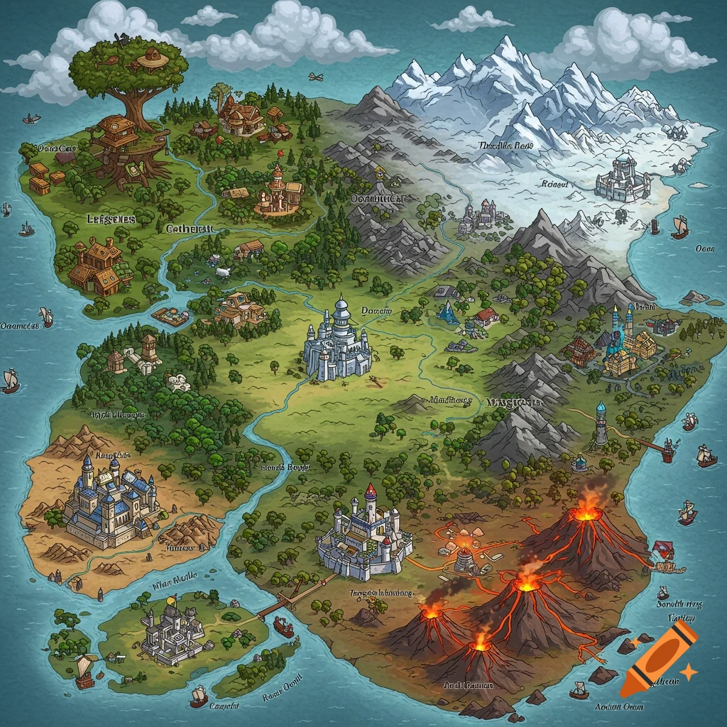 A fantasy map depicting a realm with diverse biomes, including fiery ...