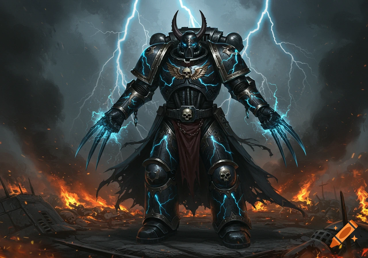 A time traveler in futuristic armor stands amidst a fantasy battle with ...