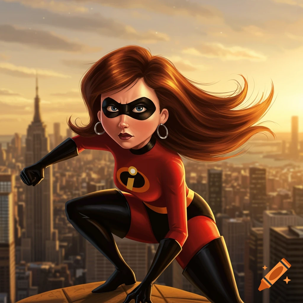 Mrs. Incredible with long brown hair, in her red and black suit ...