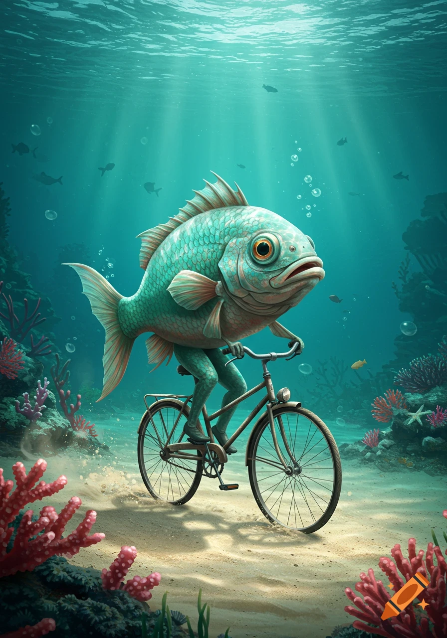 A surreal split-level ocean scene with abstract organic forms ...